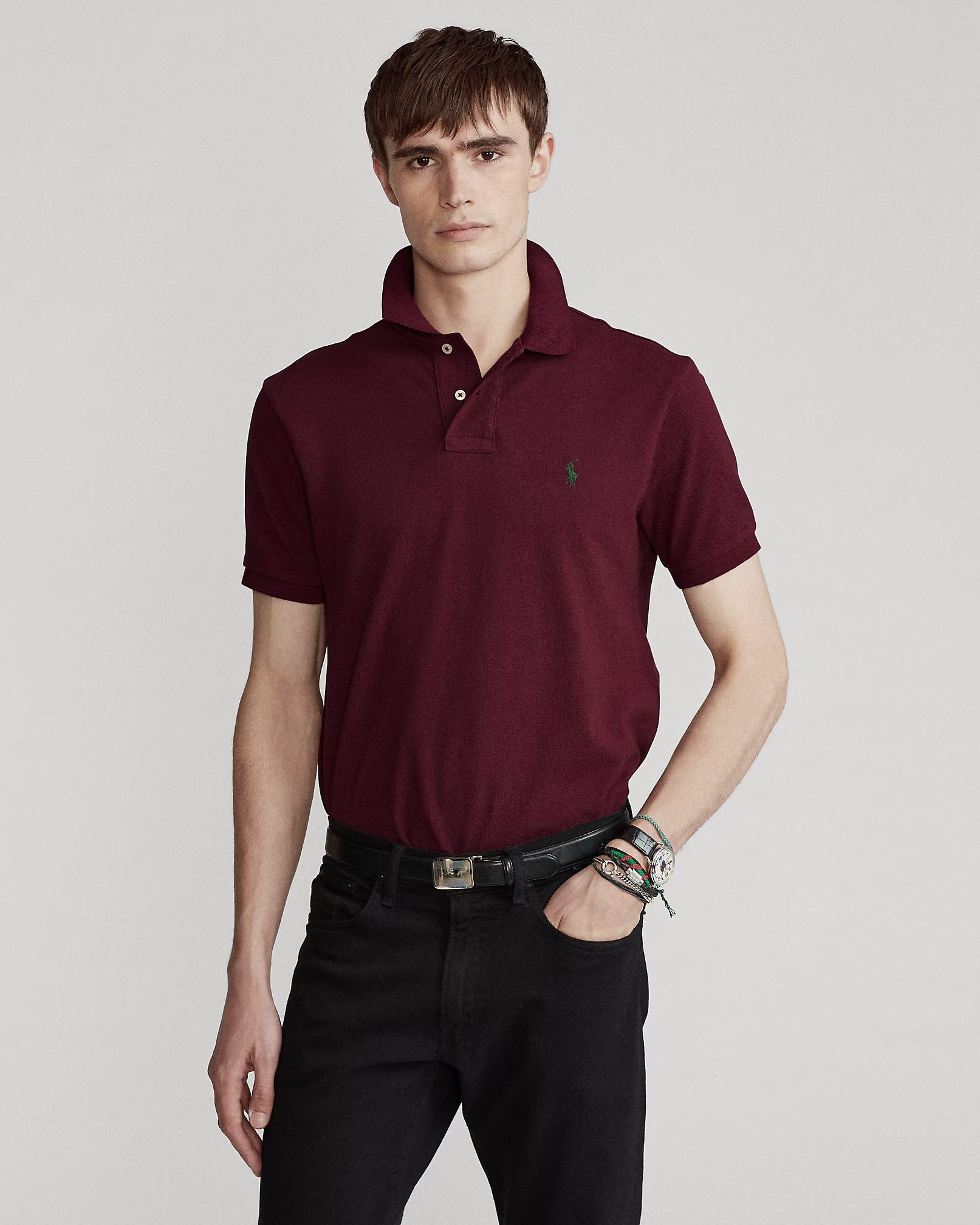 RL Iconic Mesh Custom slim Fit Polo Shirt - Maroon - Just Brands pk